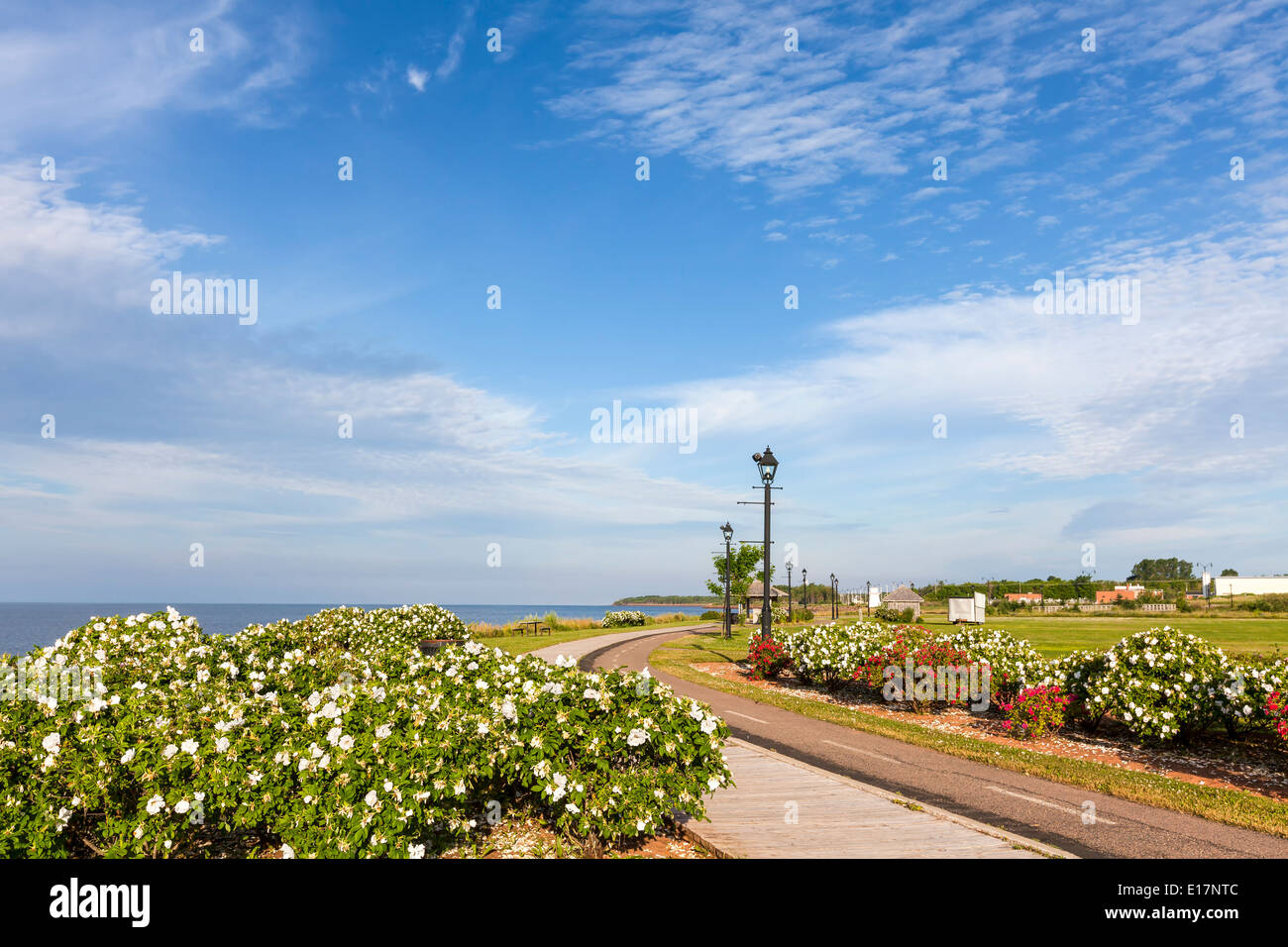 Waterfront and boardwalk with a paved bike trail along the harbor in Summerside, Prince Edward ...