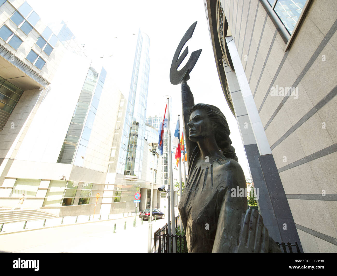 Statue of the goddess Europa with Euro currency symbol in front of the ...