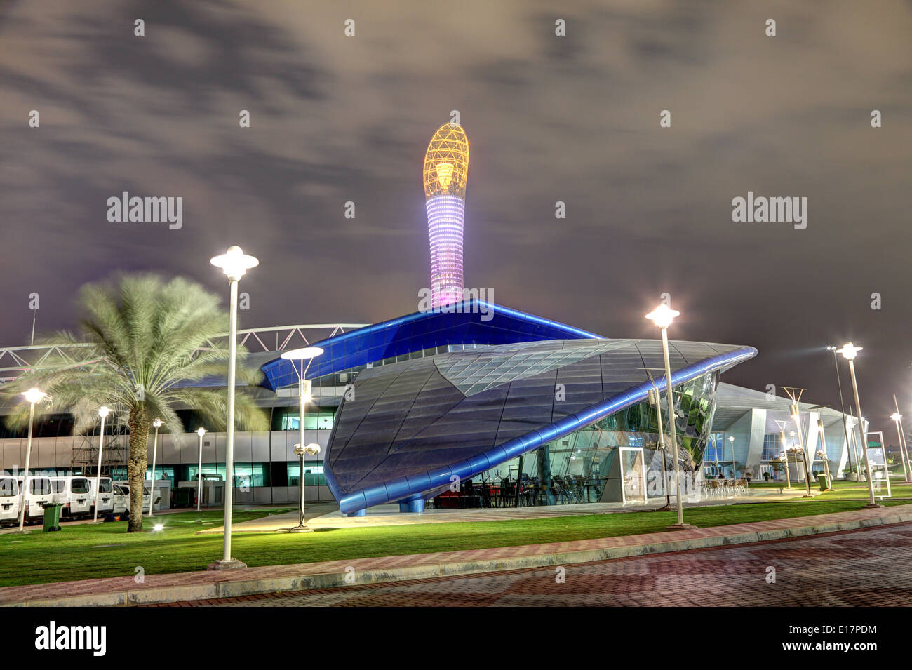 Aspire Dome illuminated at night. Doha, Qatar, Middle East Stock Photo ...