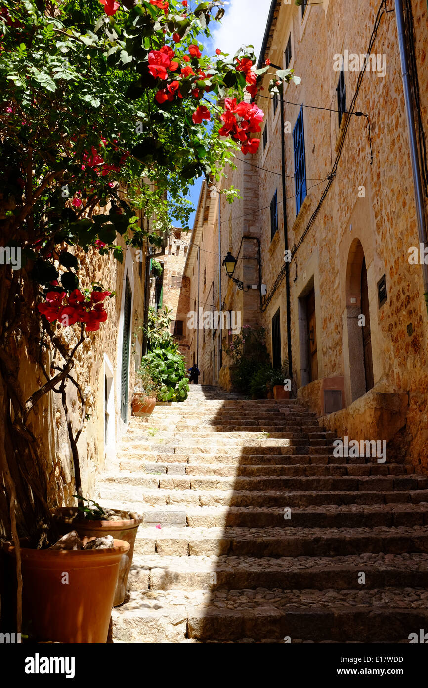 Steps in the mountain village of Fornalutx, in the Serra de Tramuntana ...