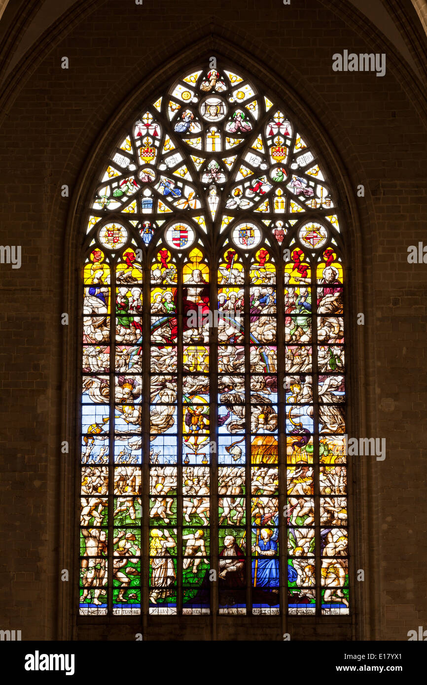 Stained glass window inside Cathedral of Saint Michael and Saint Gudula ...