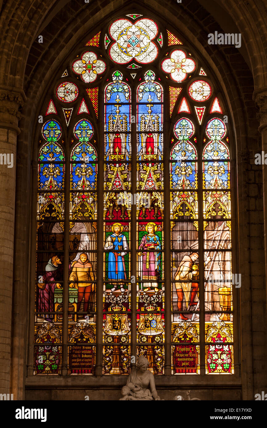 Stained glass window inside Cathedral of Saint Michael and Saint Gudula ...