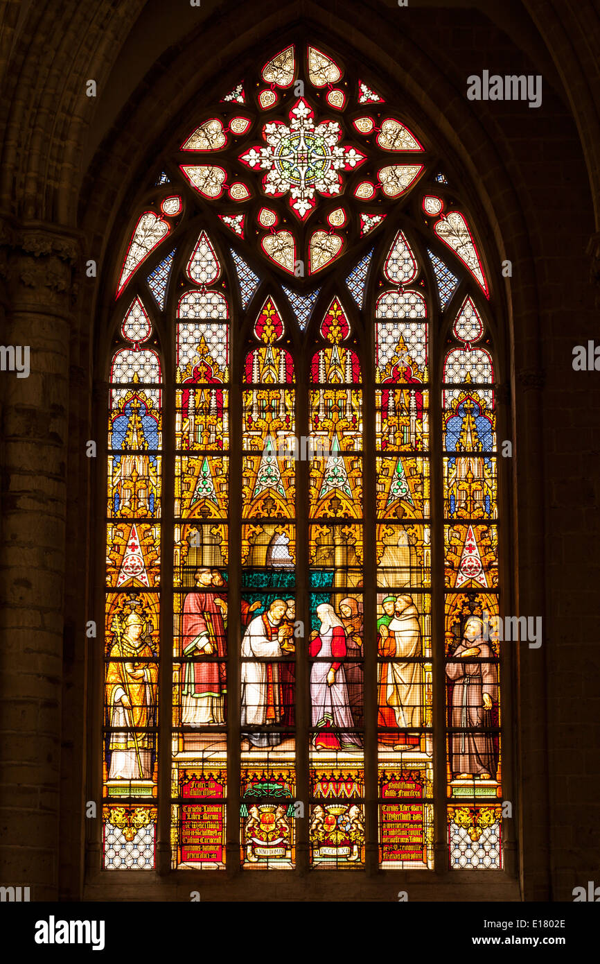 Stained glass window inside Cathedral of Saint Michael and Saint Gudula ...