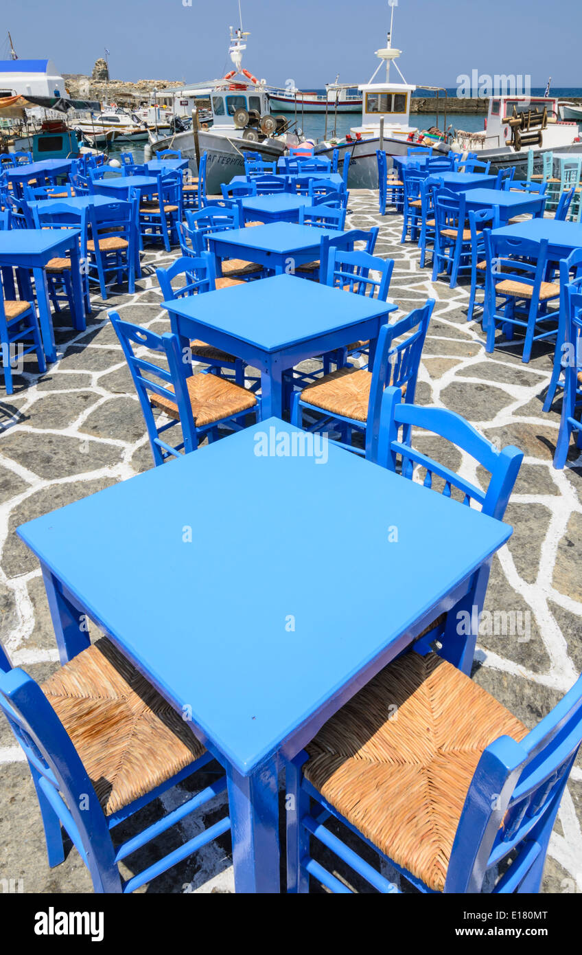 Greek blue tables along the waterfront of Naoussa Town, Paros Island ...