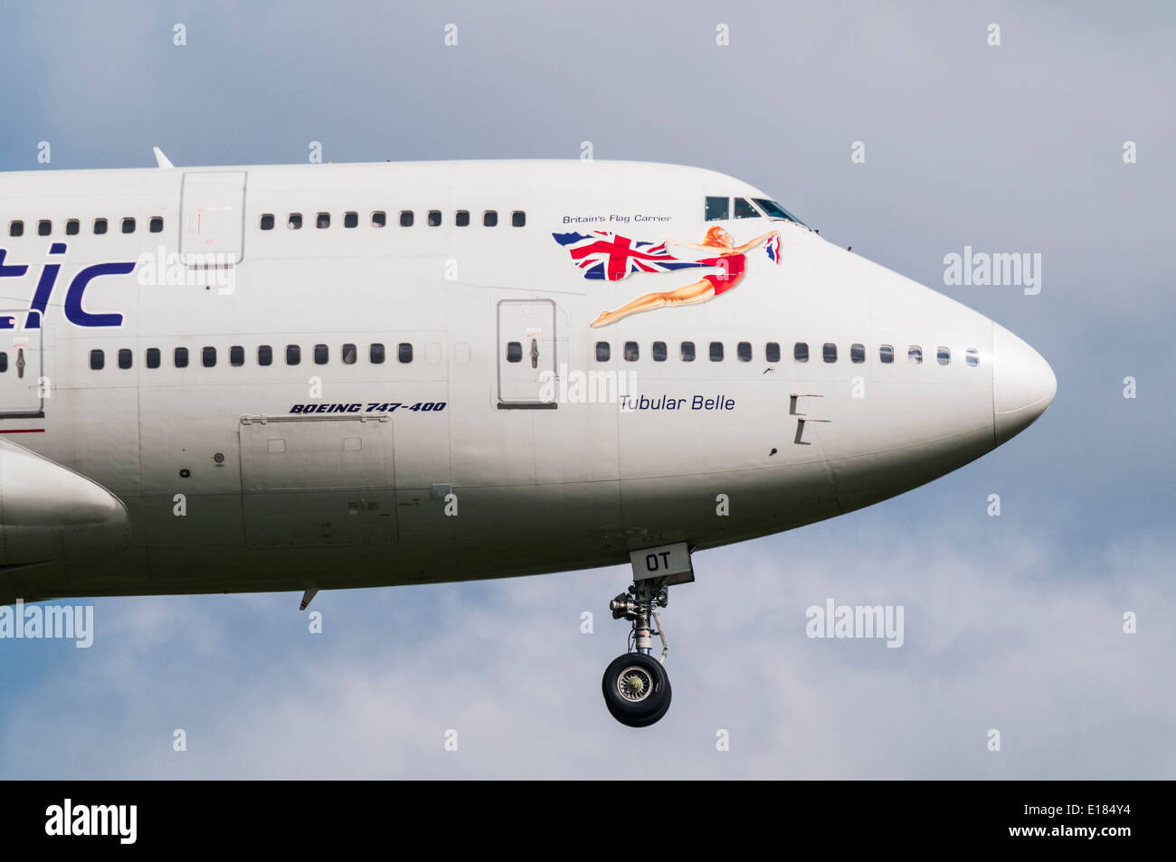 Closeup of the front of a Virgin Atlantic Boeing 747 aircraft as it ...