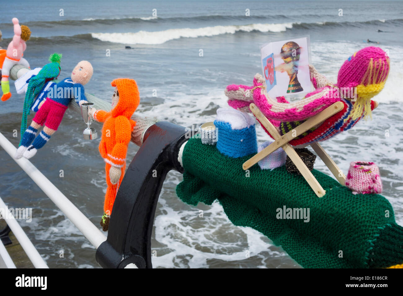 World Cup themed knitted figures on Saltburn Pier. Saltburn, North ...