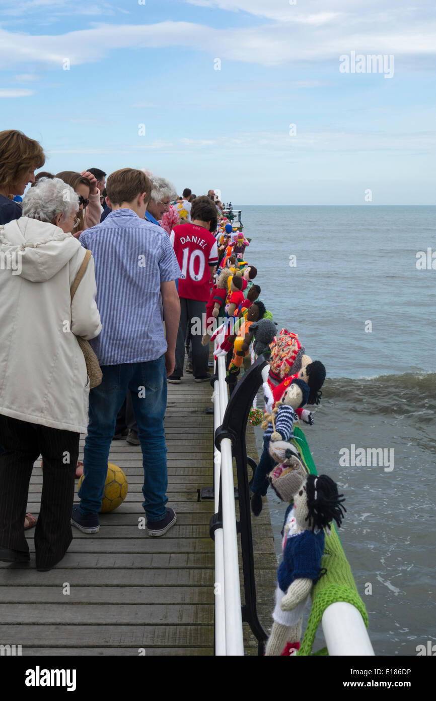 World Cup themed knitted figures on Saltburn Pier. Saltburn, North ...