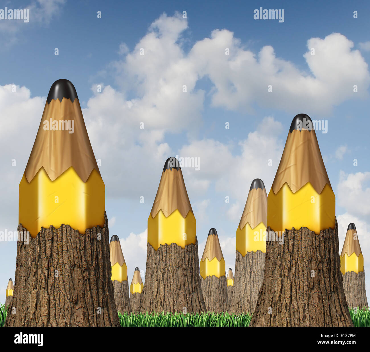 Pencil tree concept as a group of cut forest trees exposing school ...