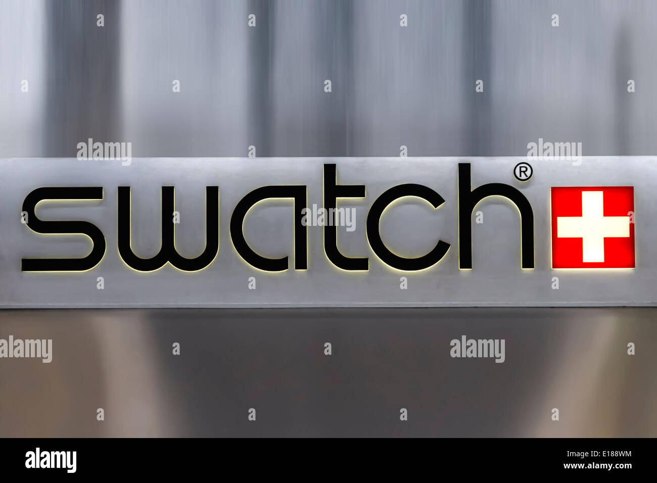 Detail of the Swatch store in Catania. Swatch is watch manufacturing ...