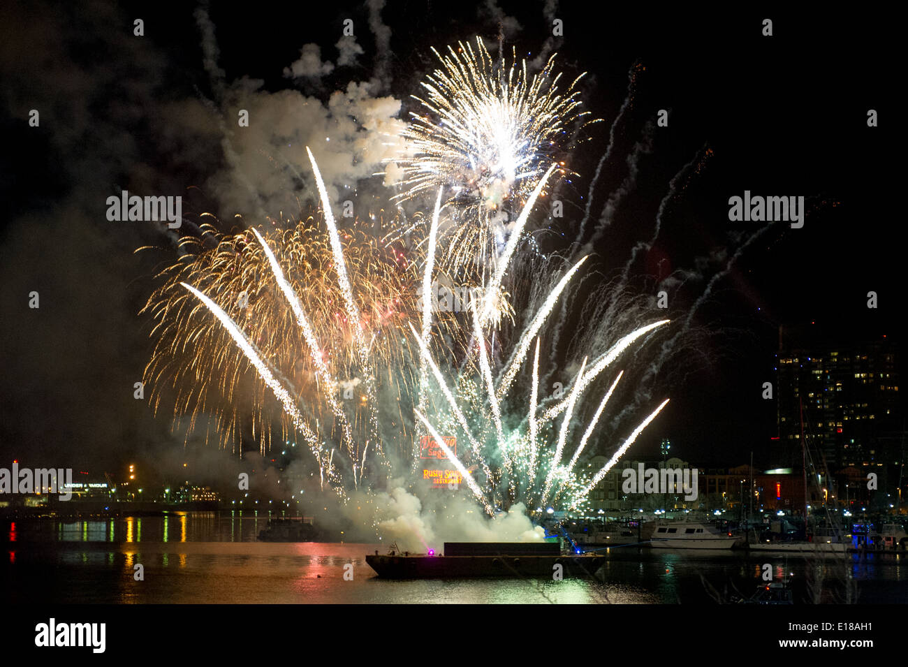 Fireworks during New Years Eve celebration at Baltimore's Inner Harbor ...