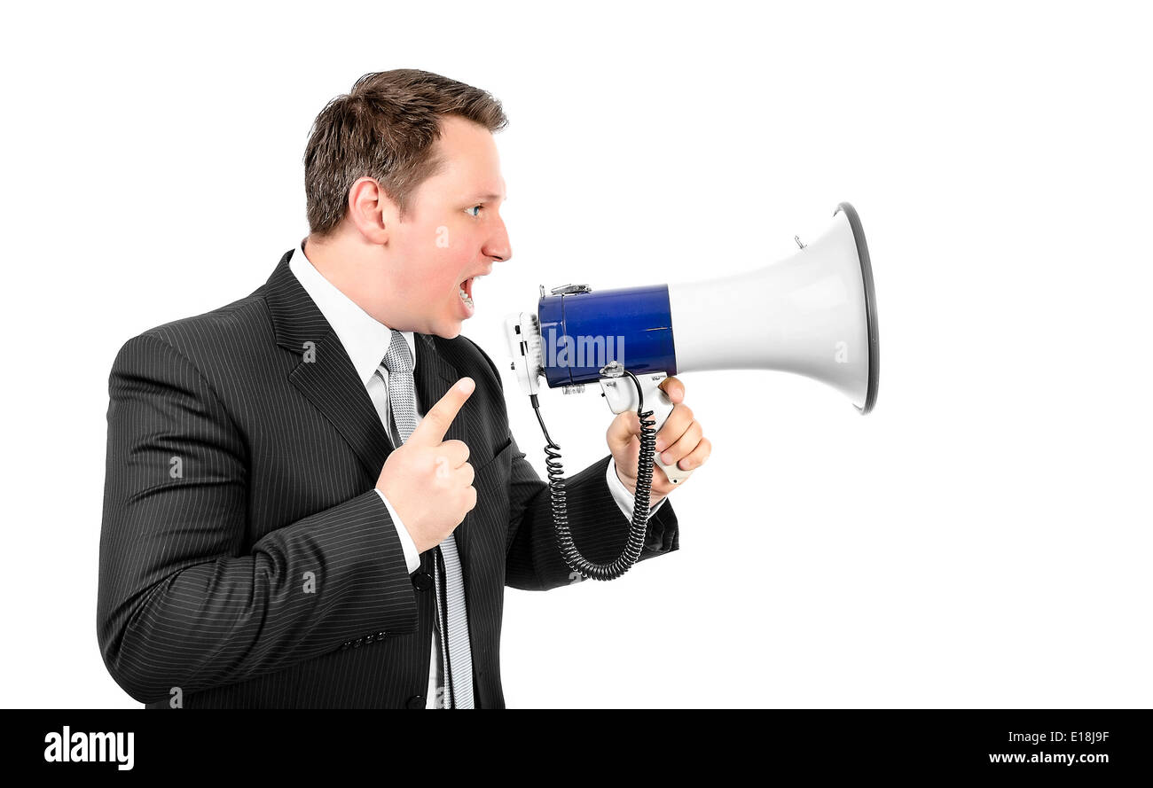 Angry boss shouting with a megaphone. Isolated on white Stock Photo - Alamy