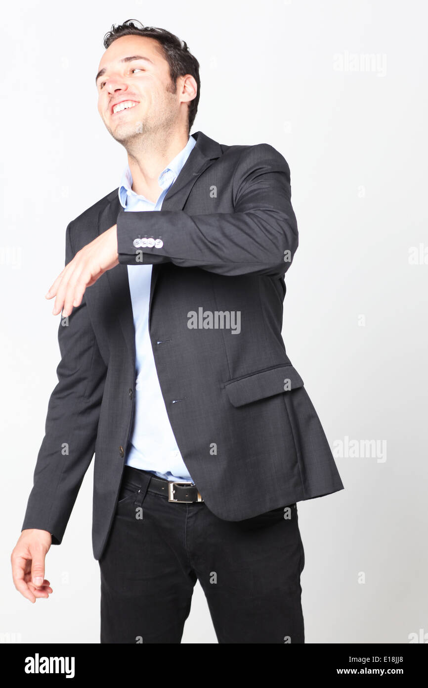 Male model on gray background Stock Photo - Alamy