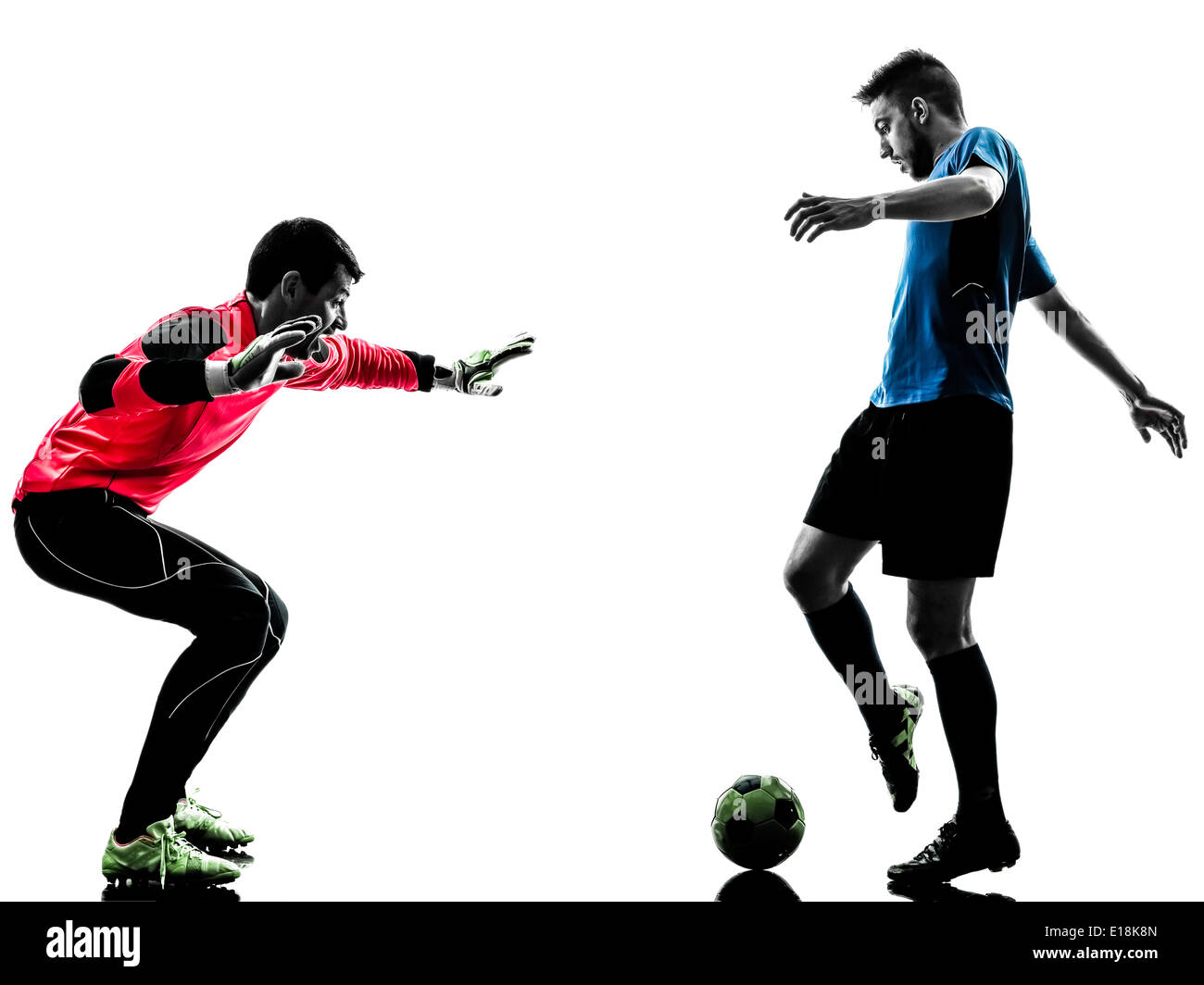 two soccer player goalkeeper men face to face competition in silhouette ...