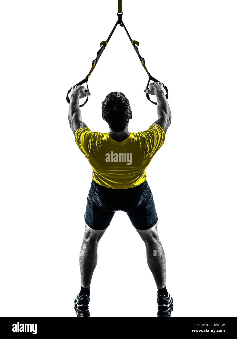one man exercising suspension training trx on white background Stock ...