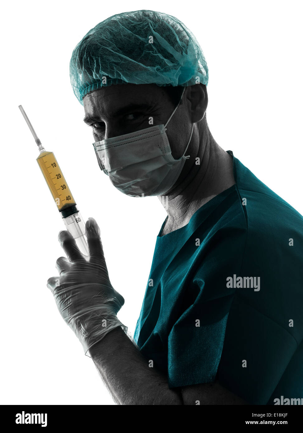 one doctor surgeon Anesthetist man holding surgery needle silhouette ...