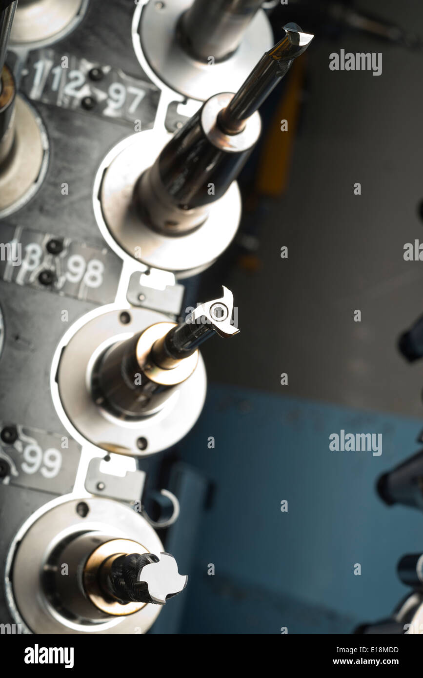 Drill bits for machining metal parts, in an engineering factory Stock ...