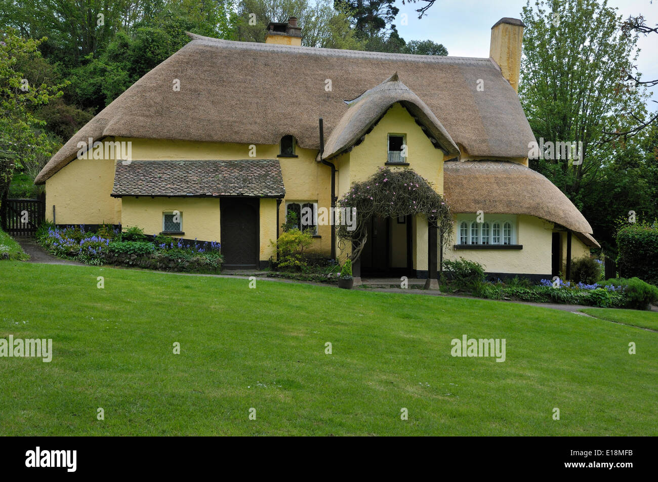 Traditional Thatched Cottage & Gardens, Exmoor, Somerset Stock Photo ...
