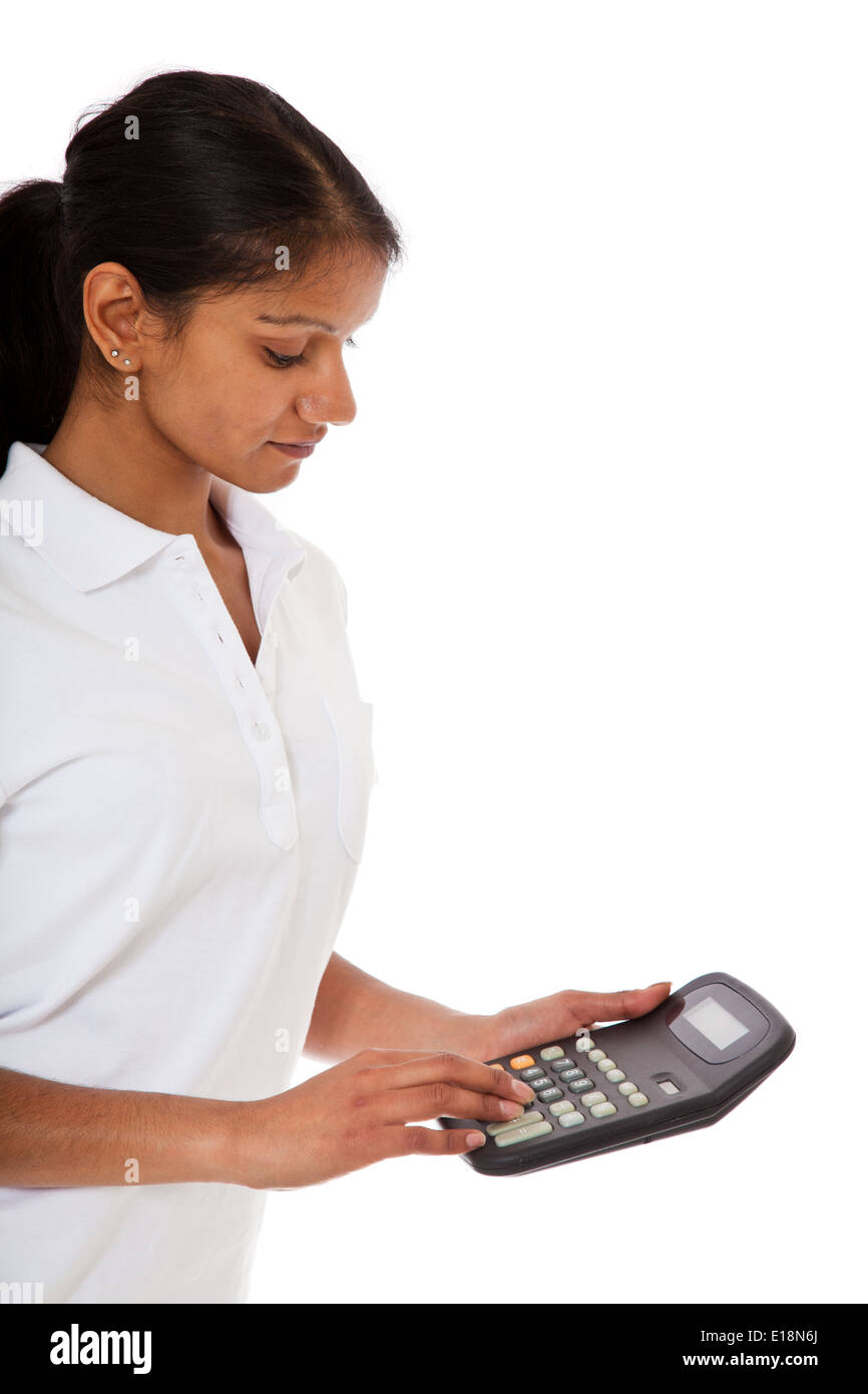 Attractive indian woman using calculator Stock Photo - Alamy