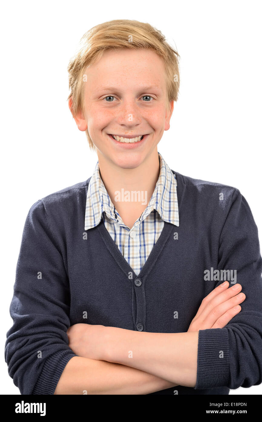 Cheerful teenage boy standing arms crossed against white background ... Cheerful teenage boy standing arms crossed against white background ...