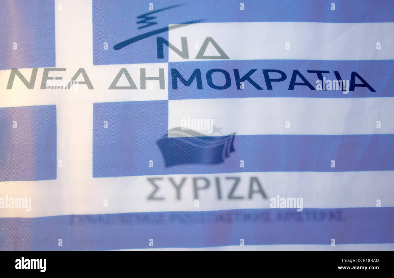 Greek flag with political party symbols. Nea Demokratia and Syriza ...