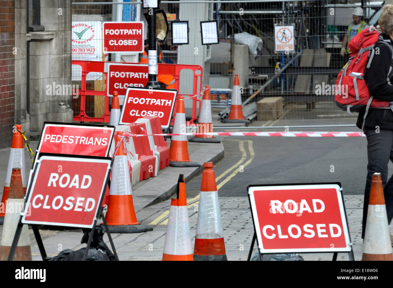 London, England, UK. Abundance of road signs - Road Closed / Footpath ...