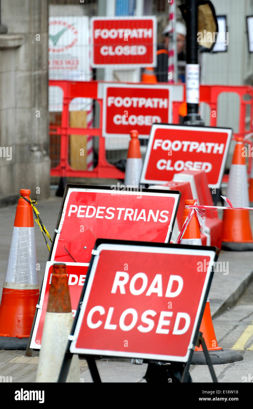London, England, UK. Abundance of road signs - Road Closed / Footpath ...