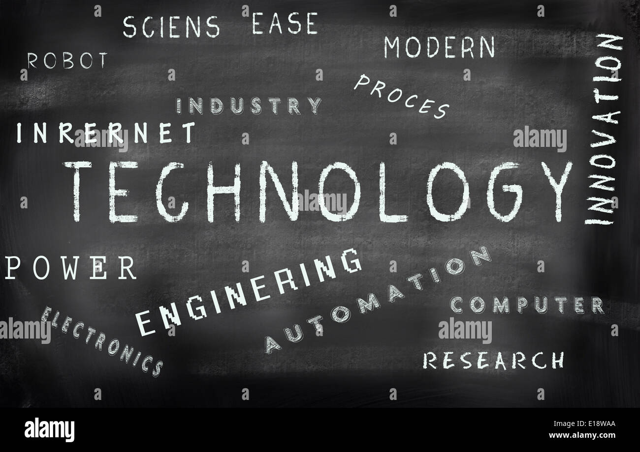 Technology word cloud written on a chalkboard Stock Photo - Alamy