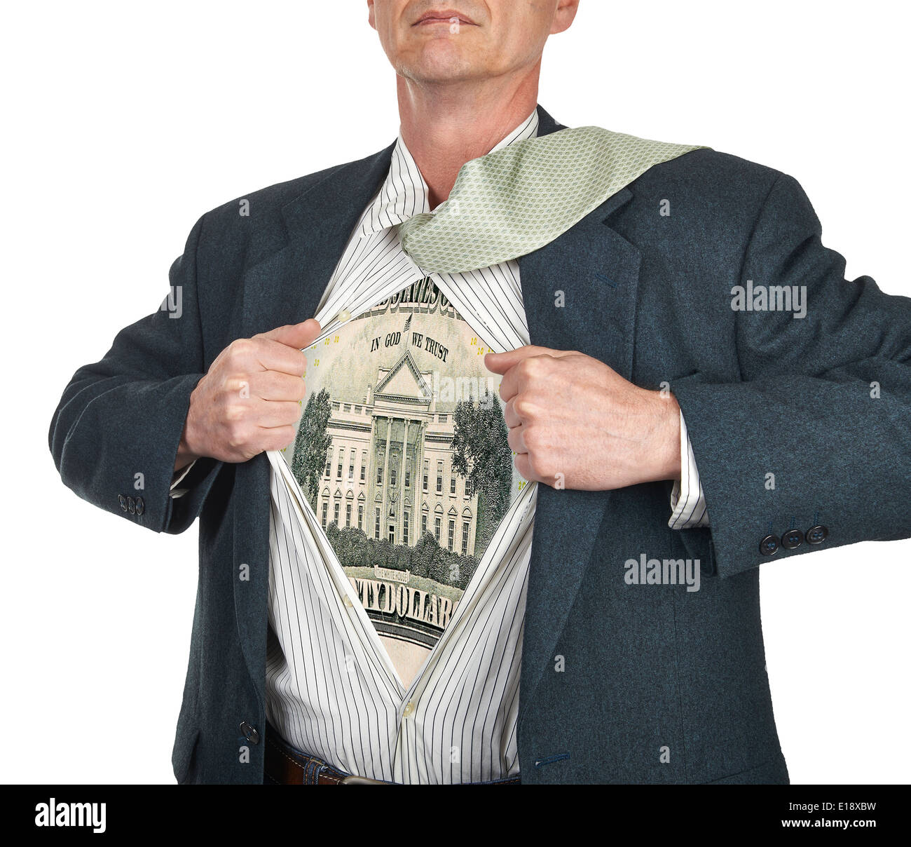 Businessman showing twenty dollar bill superhero suit underneath his ...