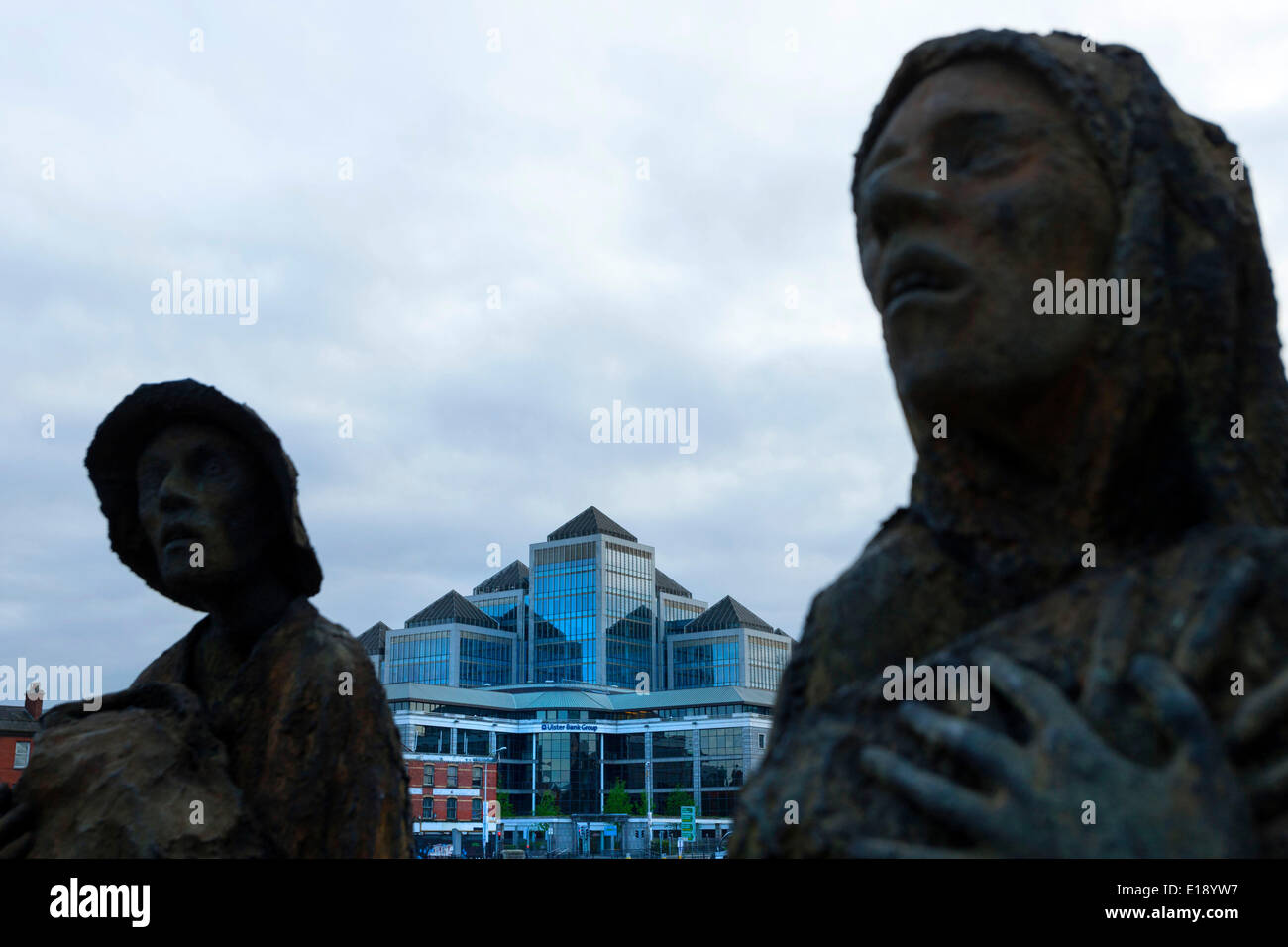 Financial centre with figures of the Famine in foreground, Dublin ...
