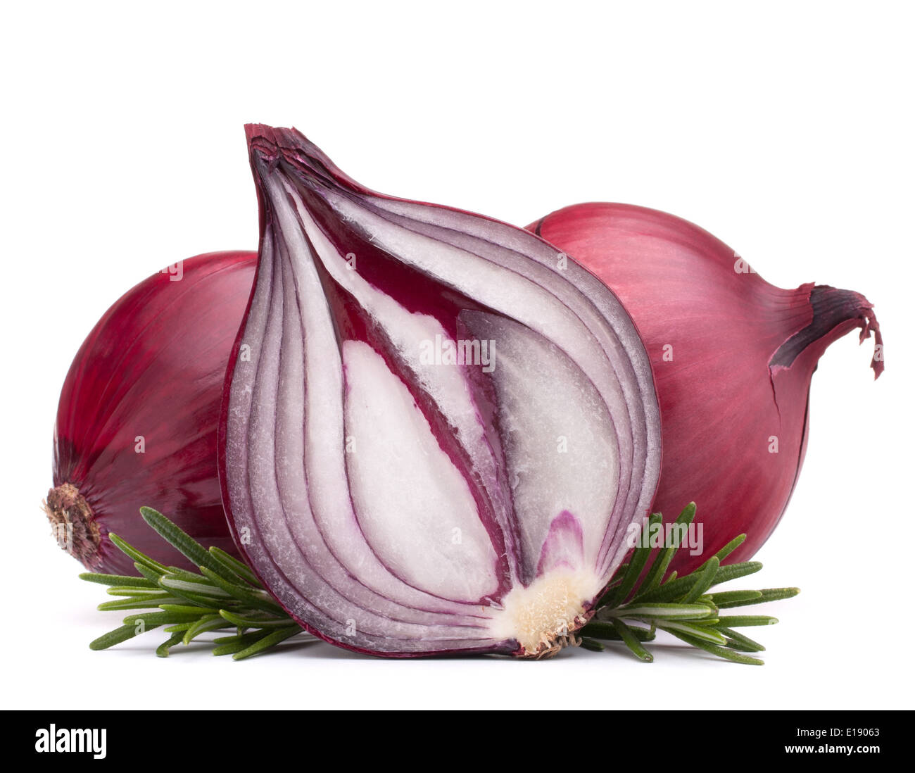 red onion and rosemary leaves still life isolated on white background ...
