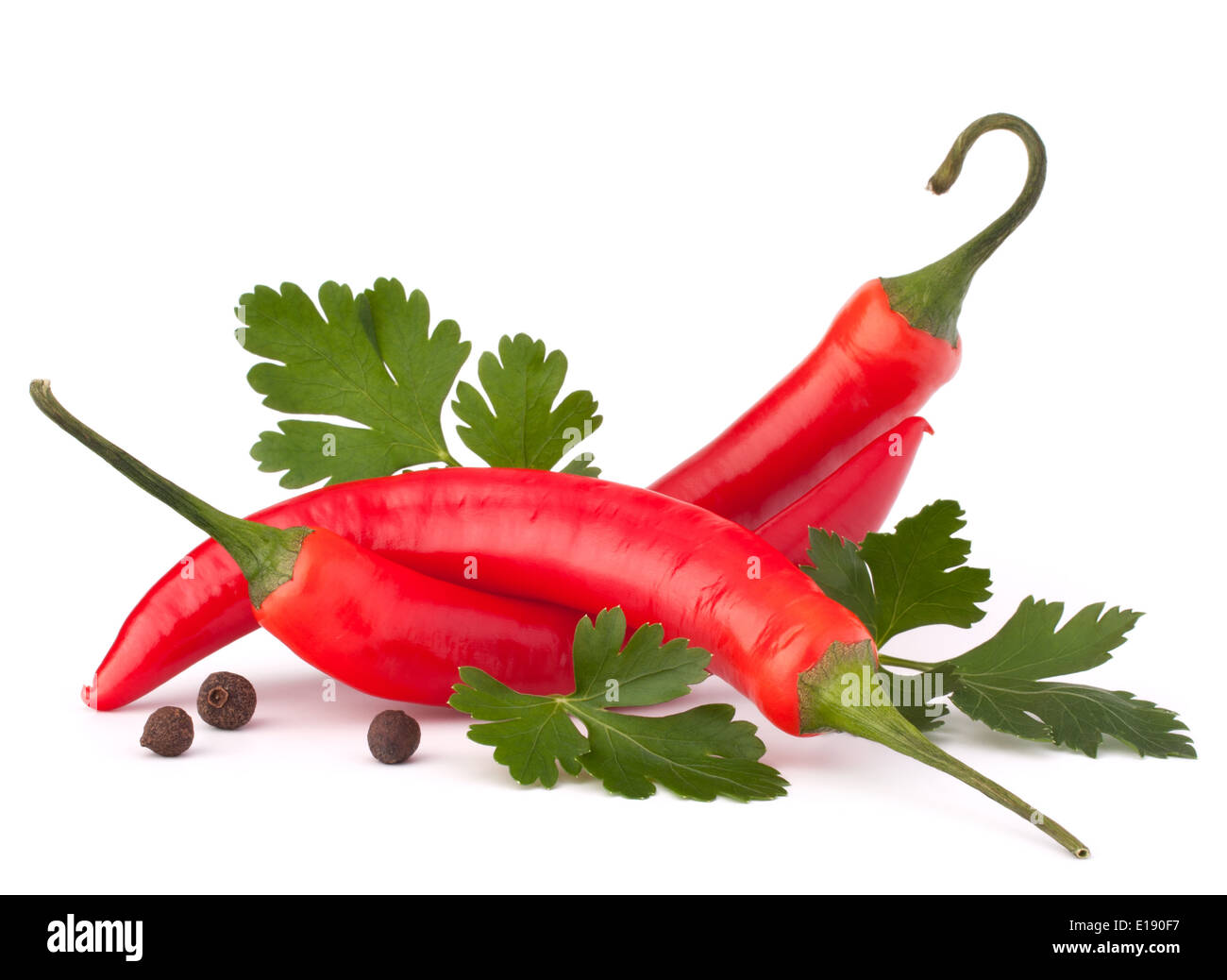 Hot red chili or chilli pepper and parsley leaves still life isolated ...
