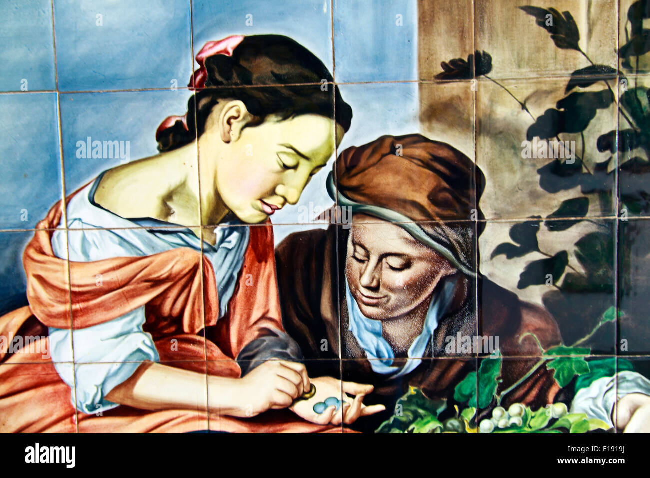 Tile Mural of two ladies in the Manolo Safont Tile Museum in Onda Stock ...