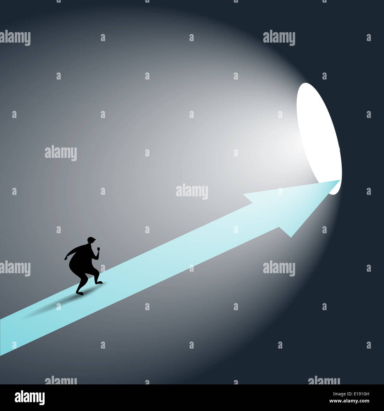 Vector illustration of a man walking on an arrow to a bright opening ...