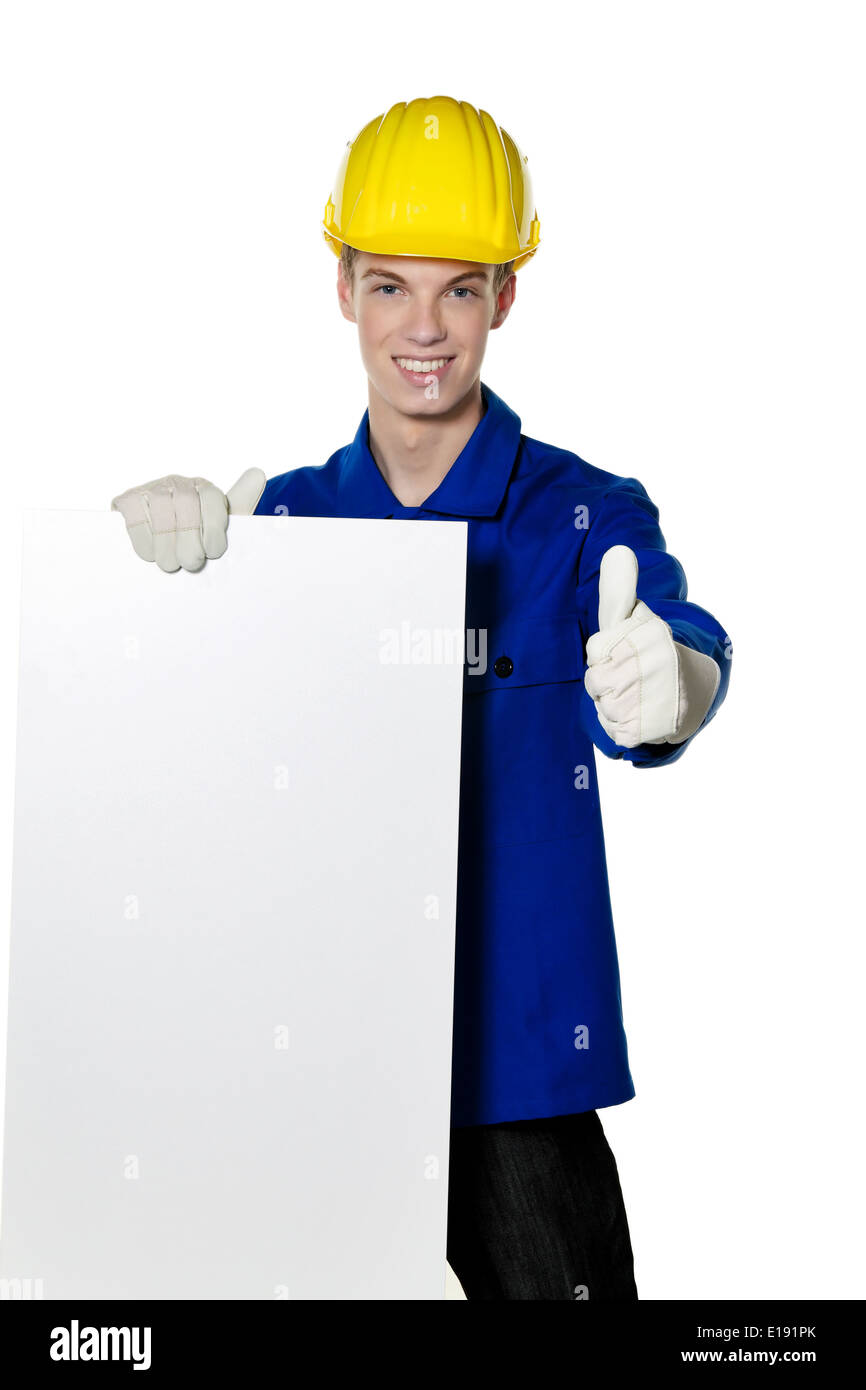 Ein Lehrling / Azubi als Handwerker mit leerer Tafel Stock Photo - Alamy