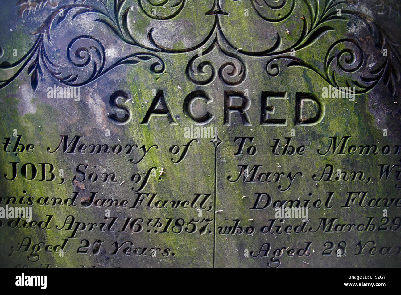 Tombstone with inscription "Sacred" sitting on an old cemetry in Lower ...