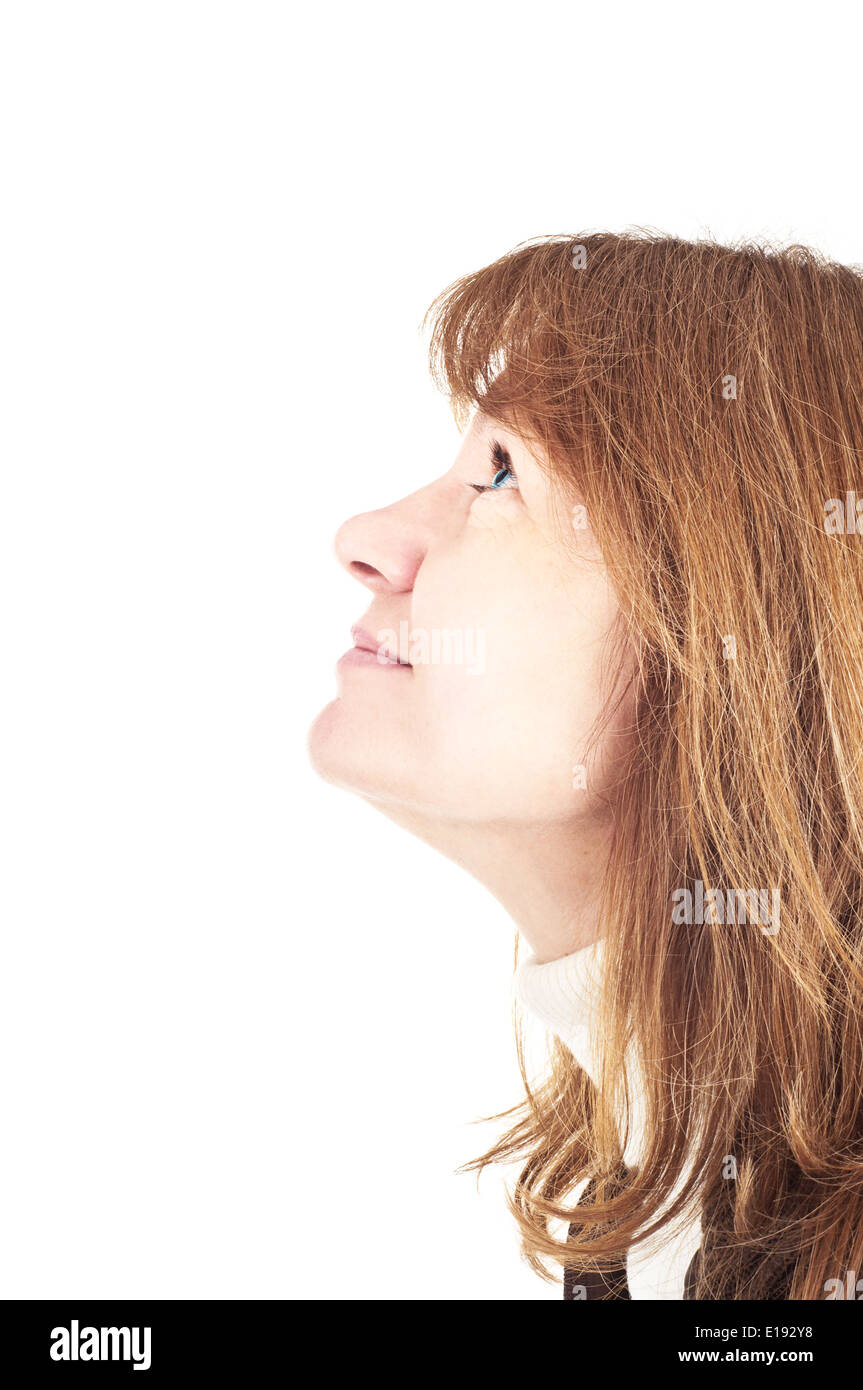 Profile image of a female looking up against white background Stock ...