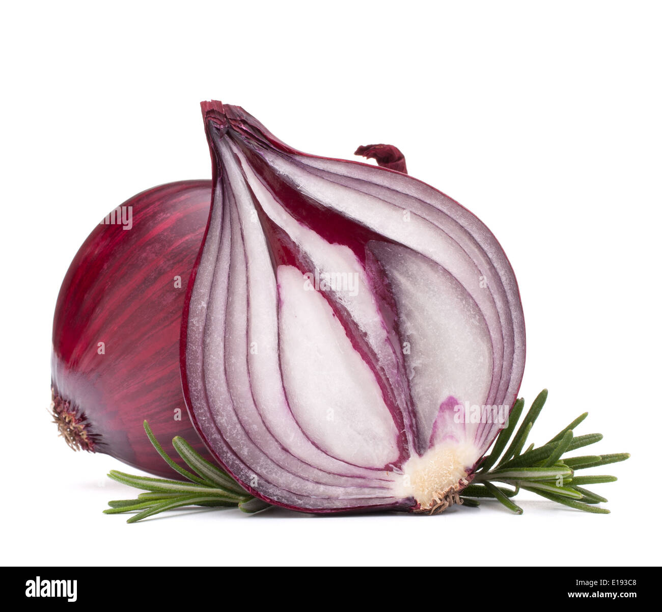 red onion and rosemary leaves still life isolated on white background ...