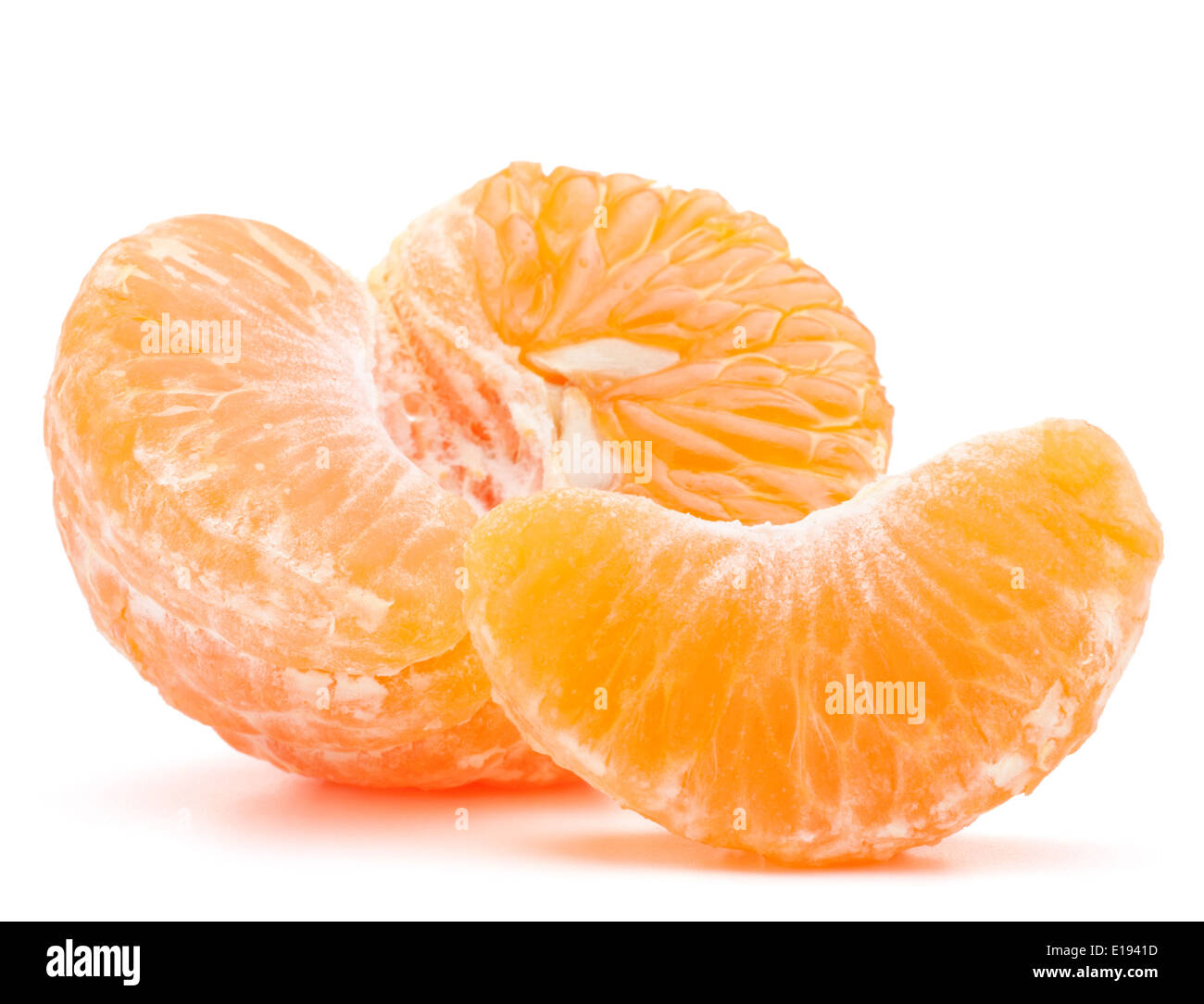 Peeled tangerine or mandarin fruit half isolated on white background ...