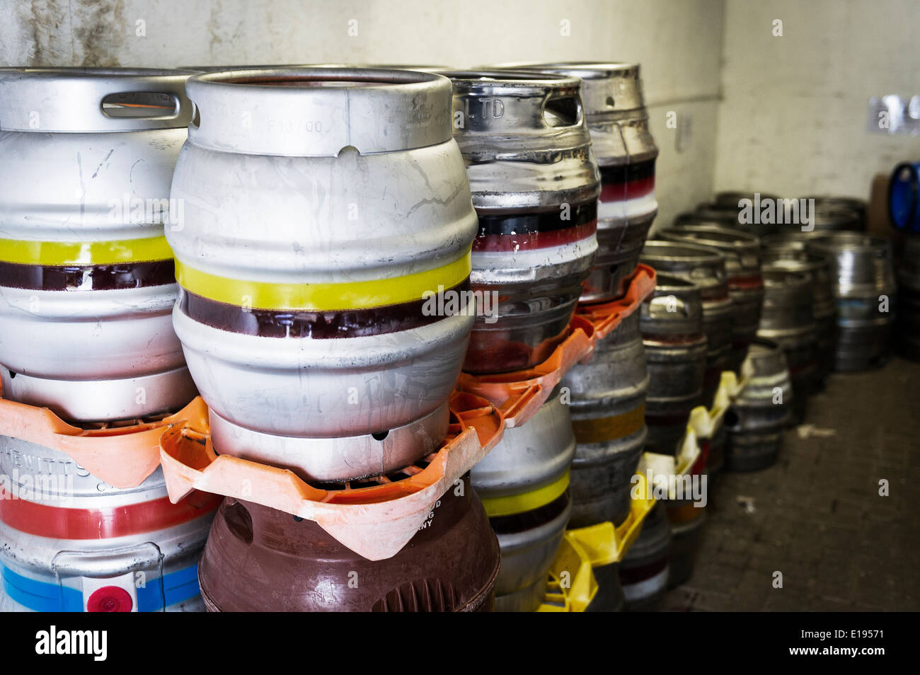 Barrels and kegs of real ale ion the cellar of The Hoop Pub Stock Photo ...