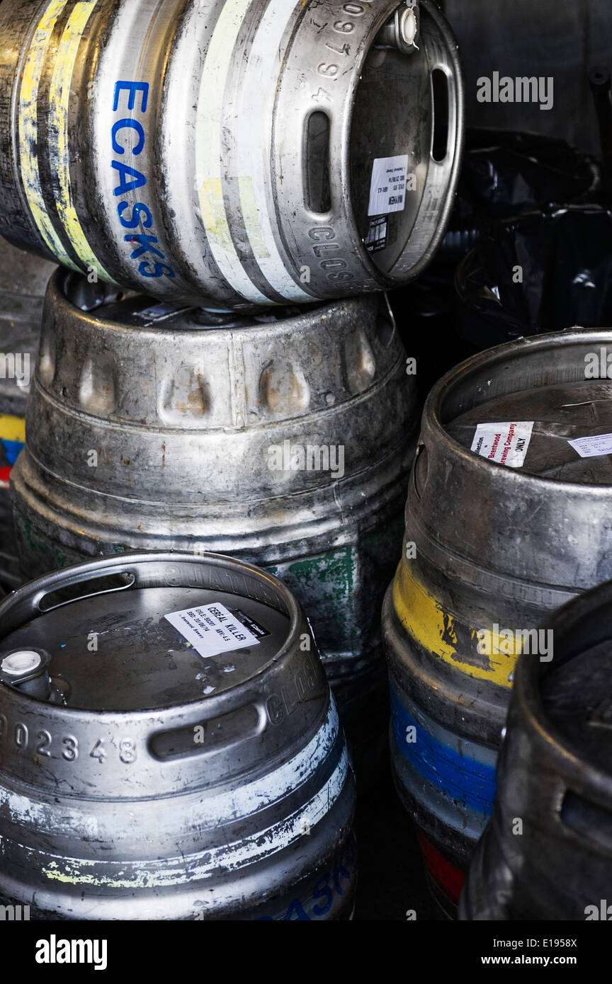 Barrels and kegs of real ale in the cellar of The Hoop Pub Stock Photo ...