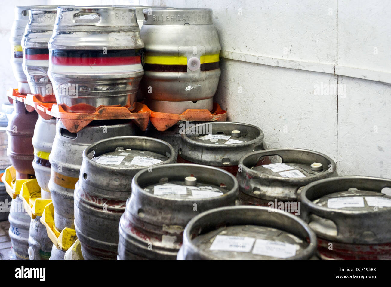 Barrels and kegs of real ale in the cellar of The Hoop Pub Stock Photo ...