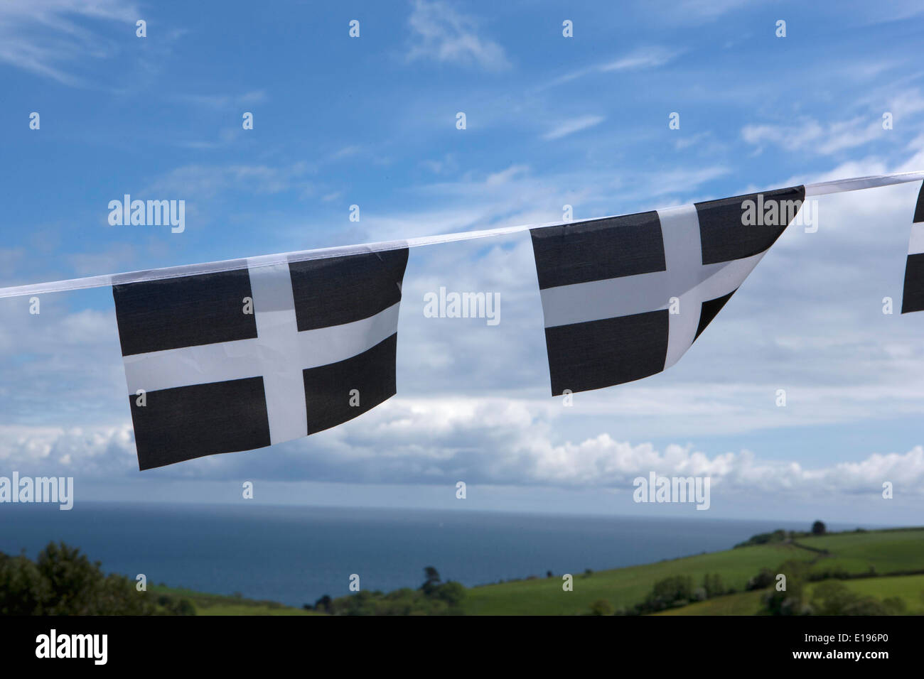 Cornish Flag (Kernow) bunting flying in cornwall on a windy day Stock ...