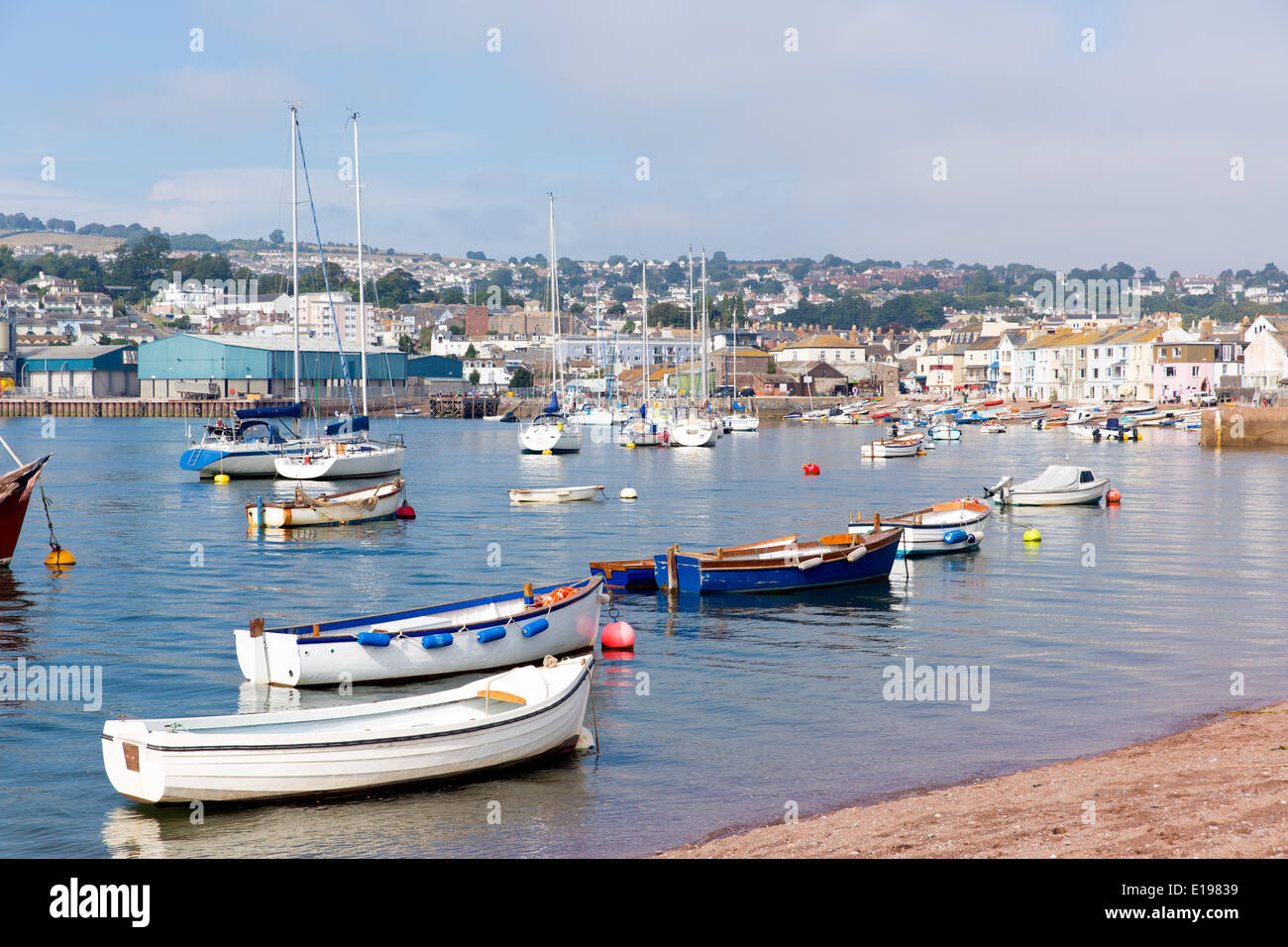 Boats on Teign river Teignmouth Devon tourist town with blue sky a ...