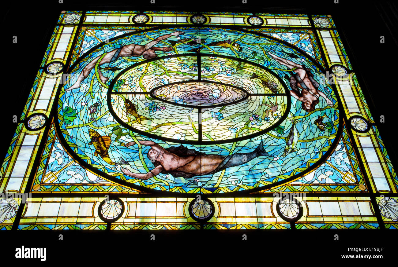 This beautiful stained-glass ceiling is an ornate skylight in the 1915 ...