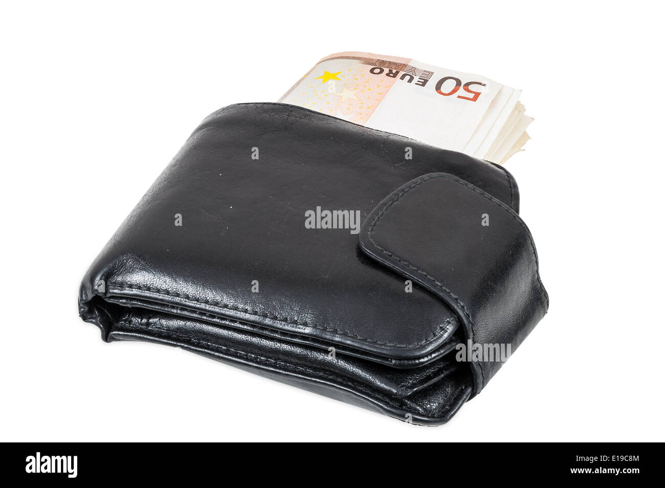 Euro banknotes in black wallet isolated on white background with ...