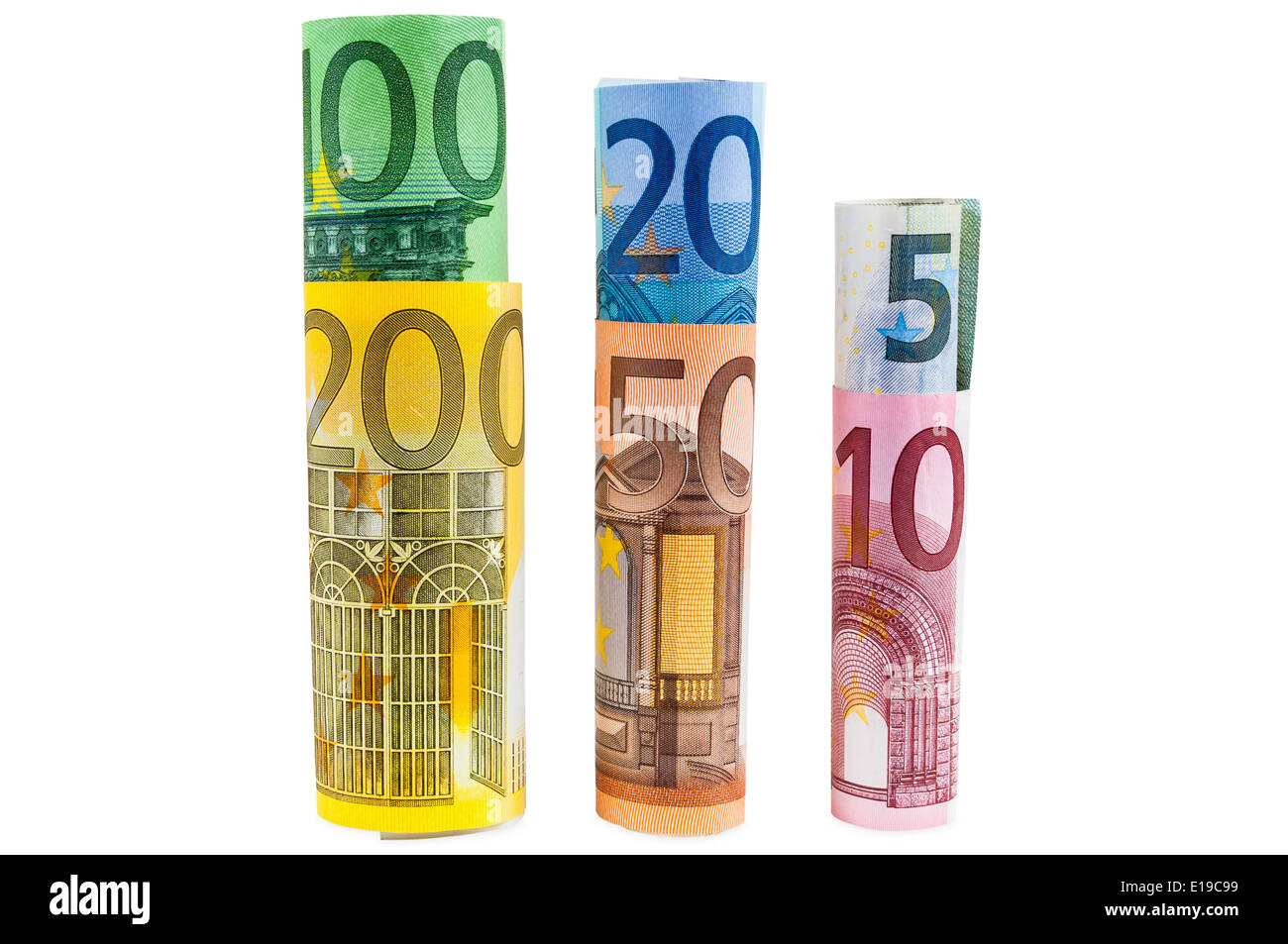 Set of rolled euro banknotes isolated on white background with clipping ...