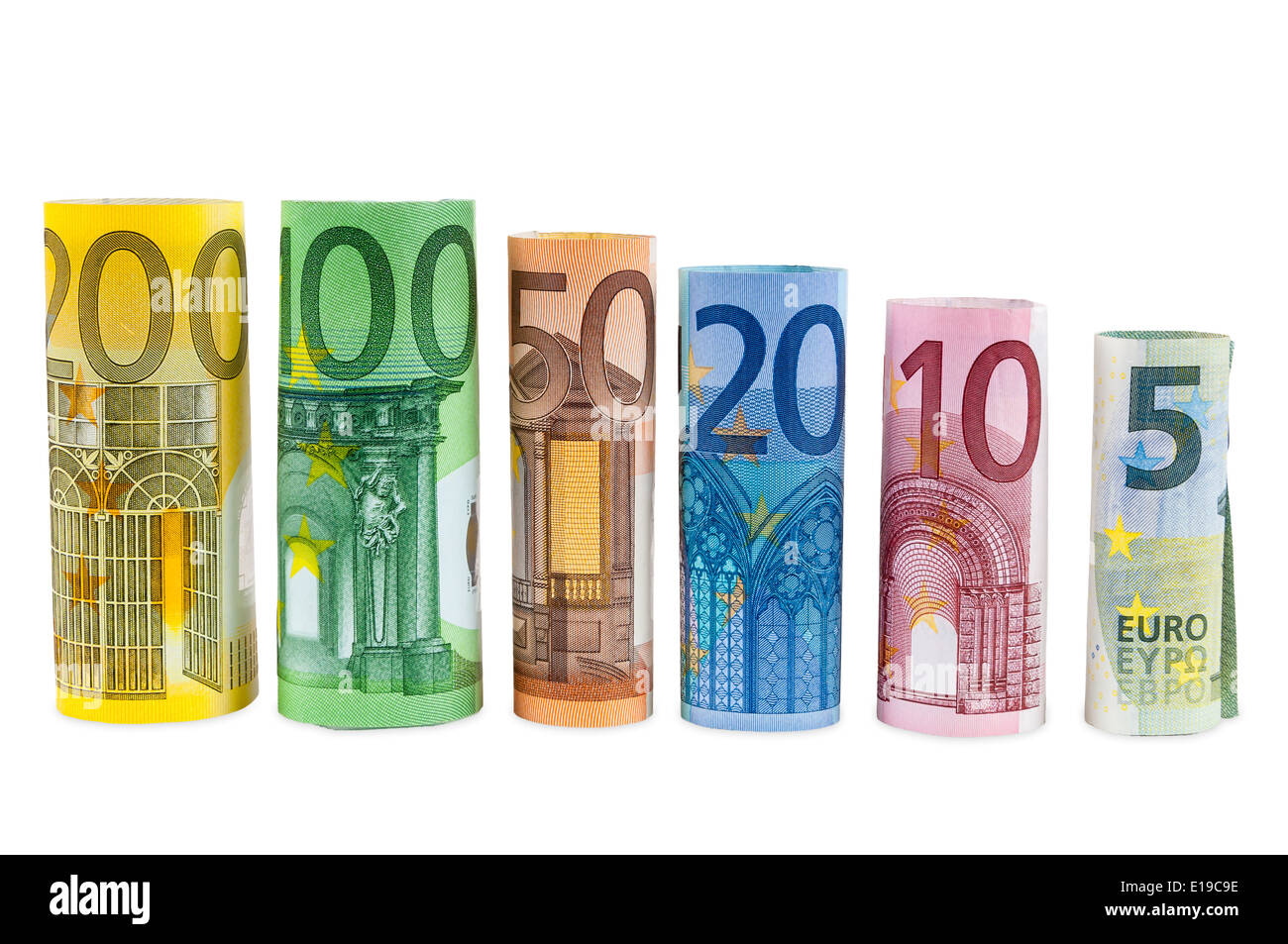 Set of rolled euro banknotes isolated on white background with clipping ...