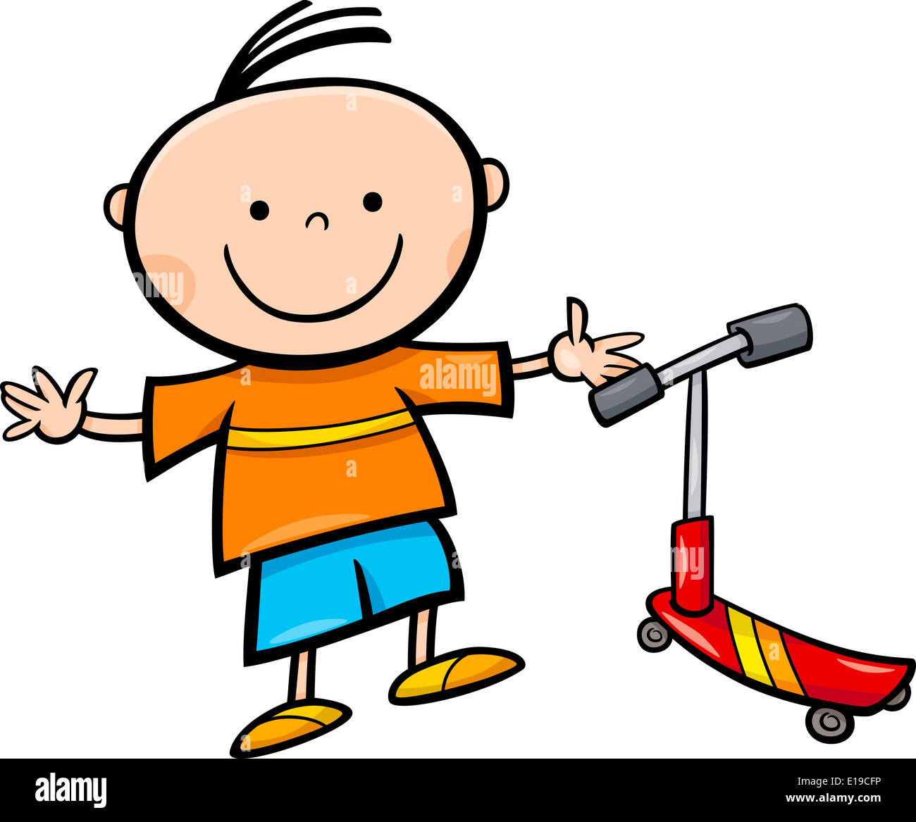 Cartoon Illustration of Cute Little Boy with Scooter Stock Photo - Alamy