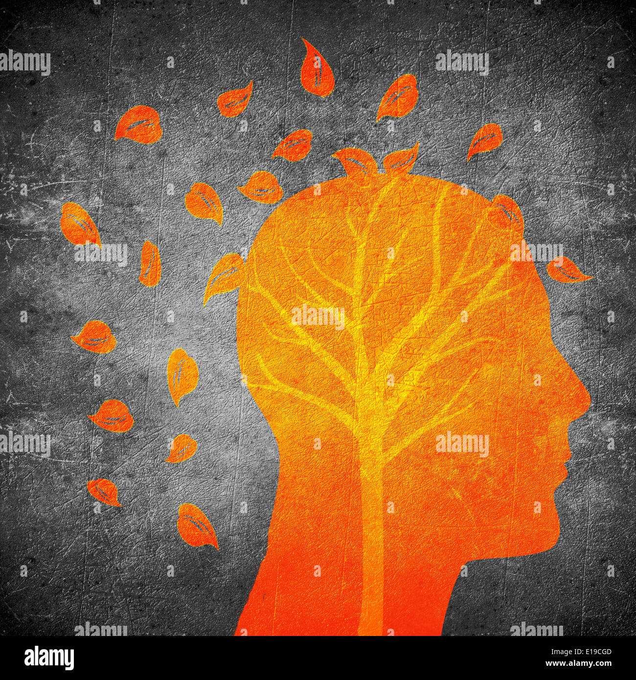 orange human head with tree and leaves Stock Photo - Alamy