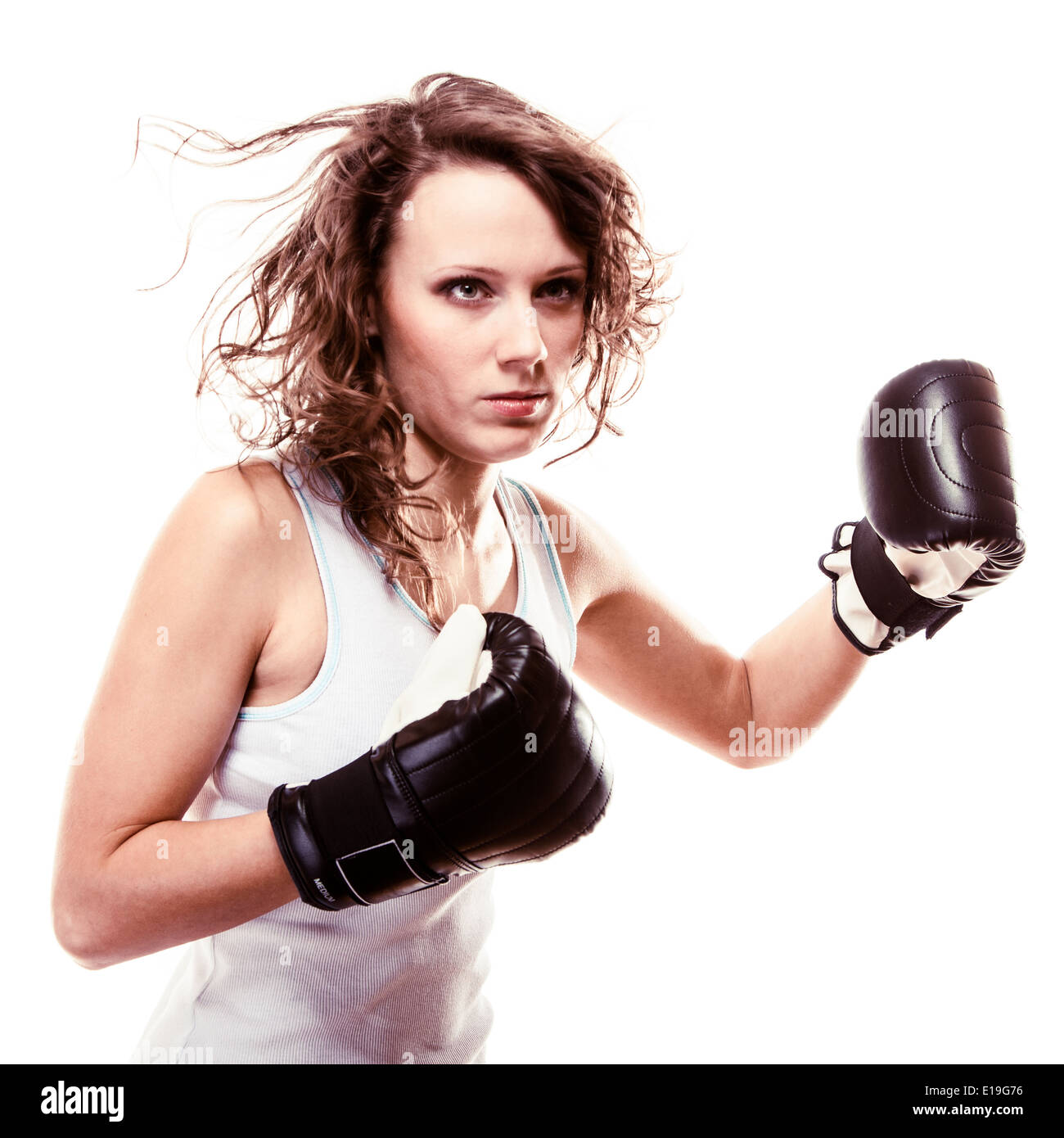 Sport boxer woman in black gloves. Fitness girl training kick boxing ...